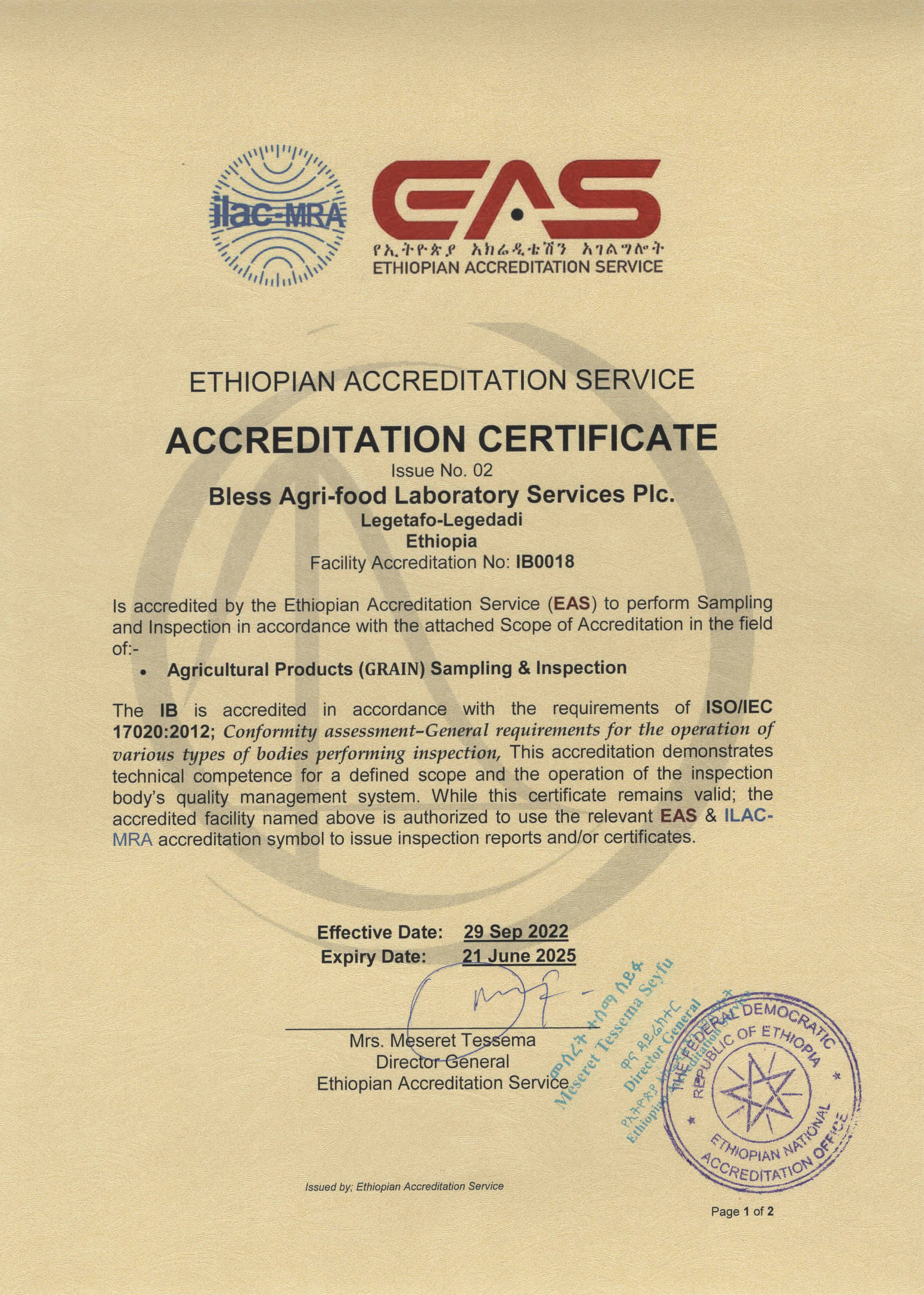 Accreditations - Bless Agri Food Laboratory Service PLC