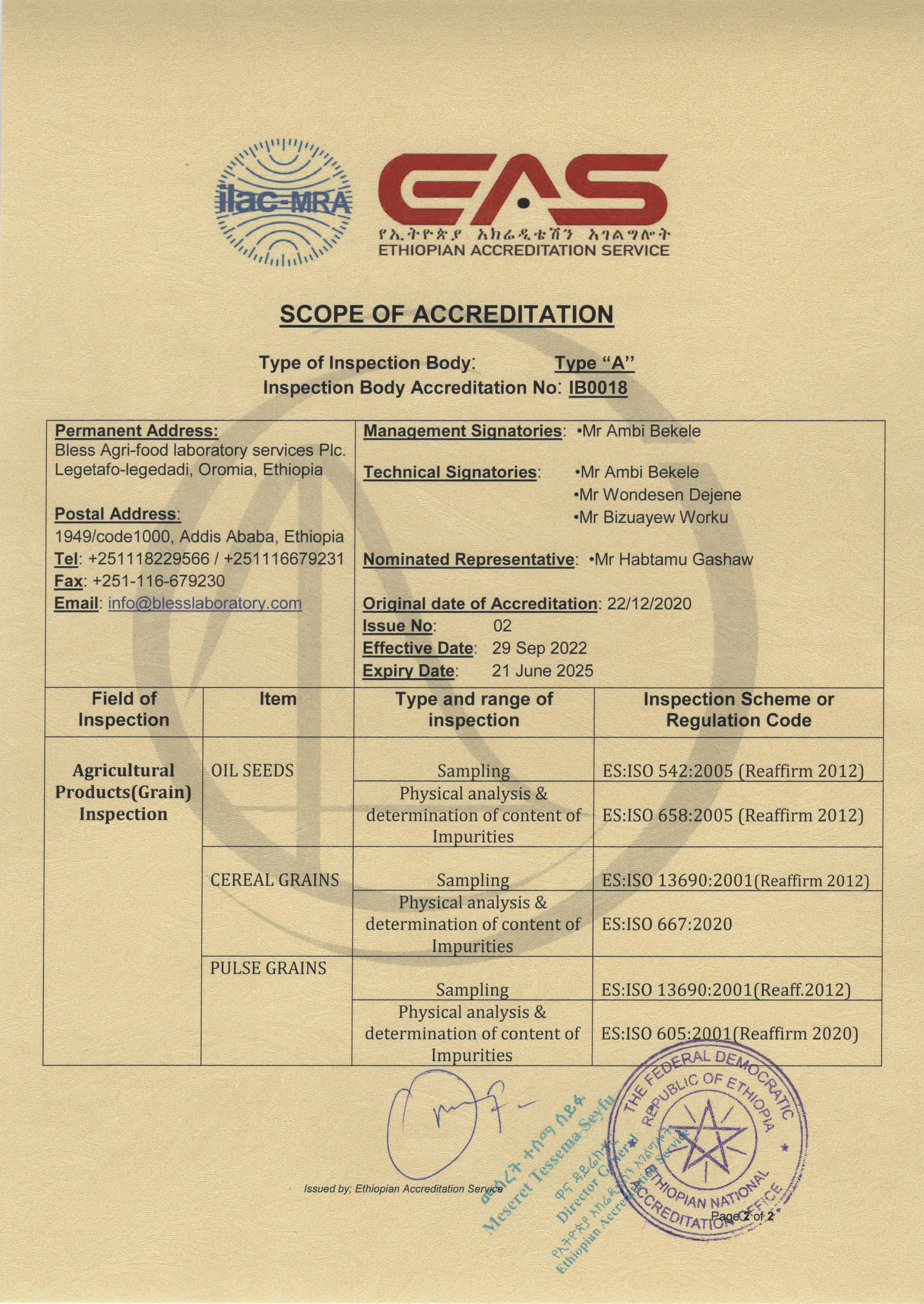 Accreditations - Bless Agri Food Laboratory Service PLC